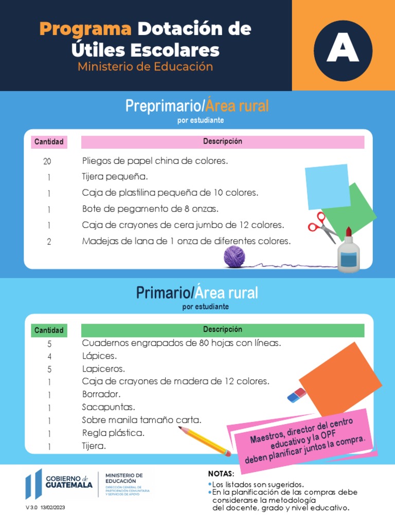 Dotación Utiles Escolares Preprimaria y Primaria 2023 | PDF ...