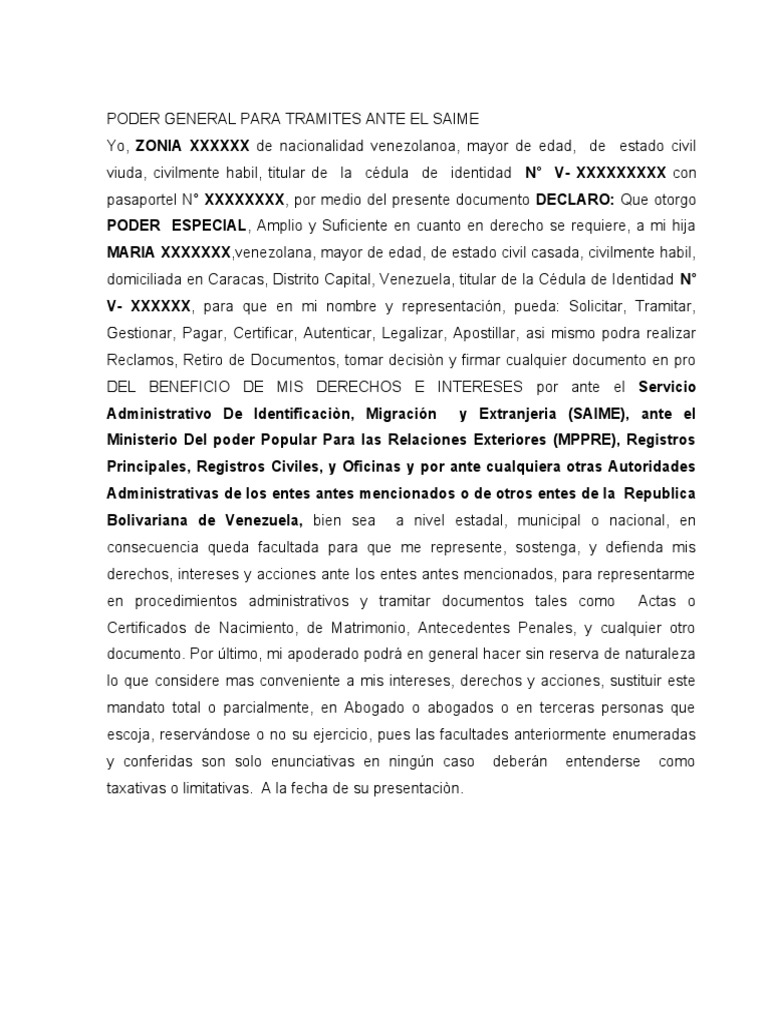 Modelo de Poder Generalpara Tramites Ante El Saime | PDF