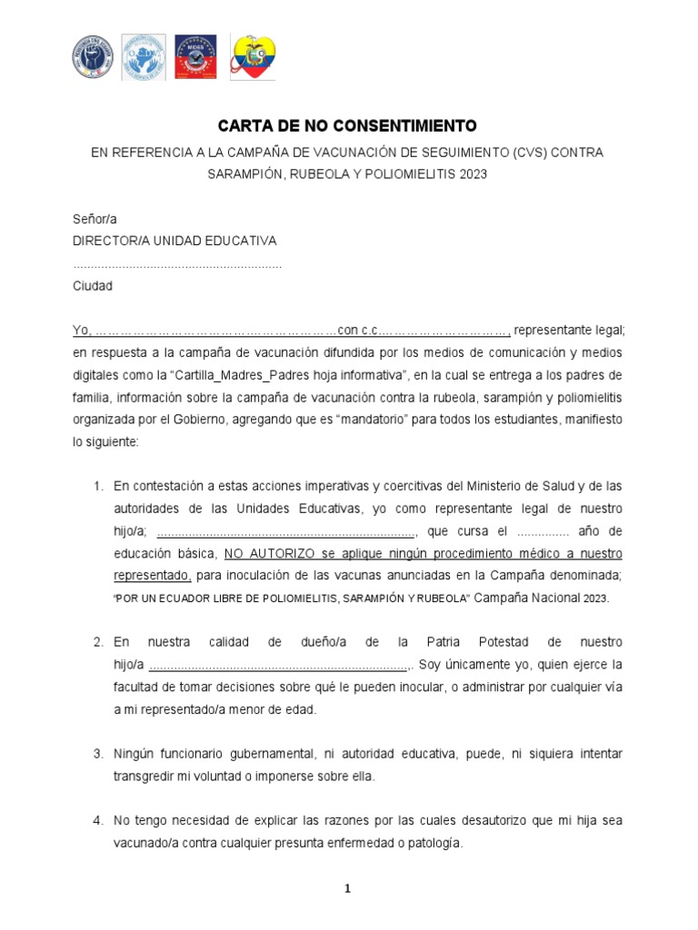 Modelo Carta No Autorizo Vacunacion Campaña 24 Abril 2023 | PDF ...
