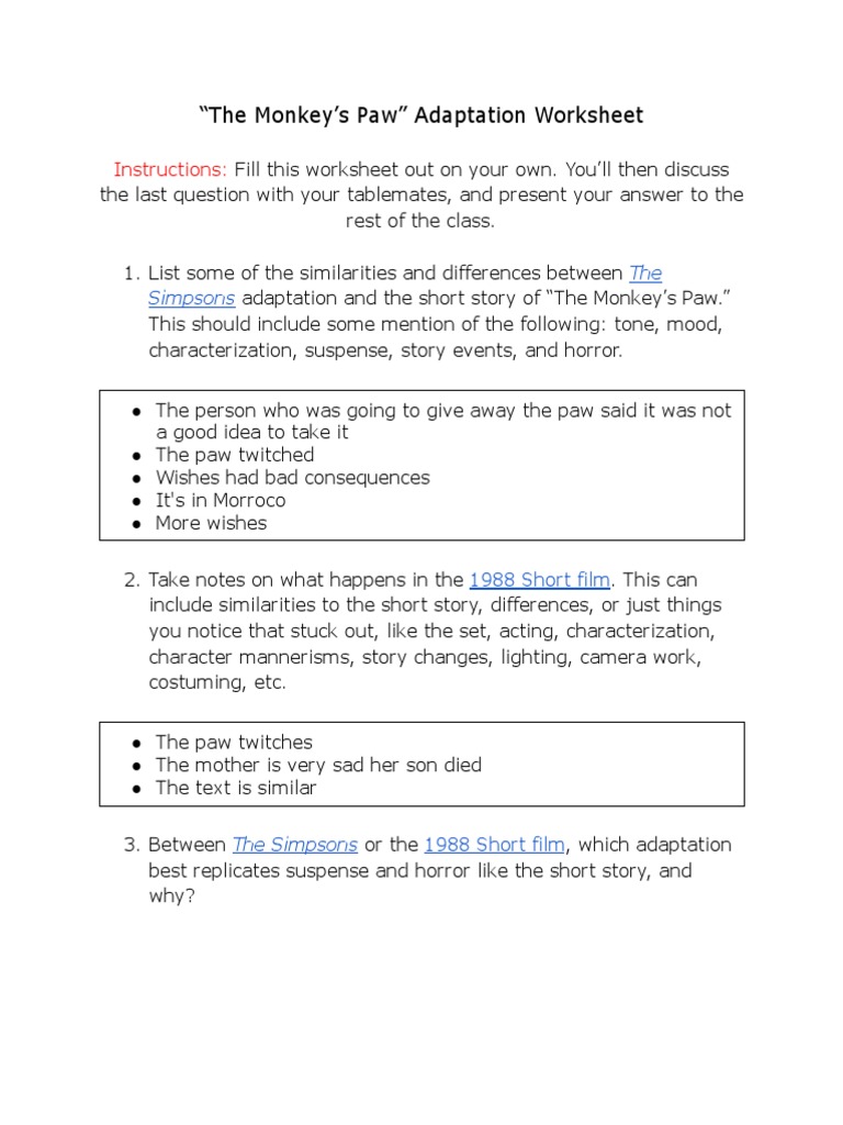 Copy of - The Monkey's Paw - Adaptations Worksheet | PDF