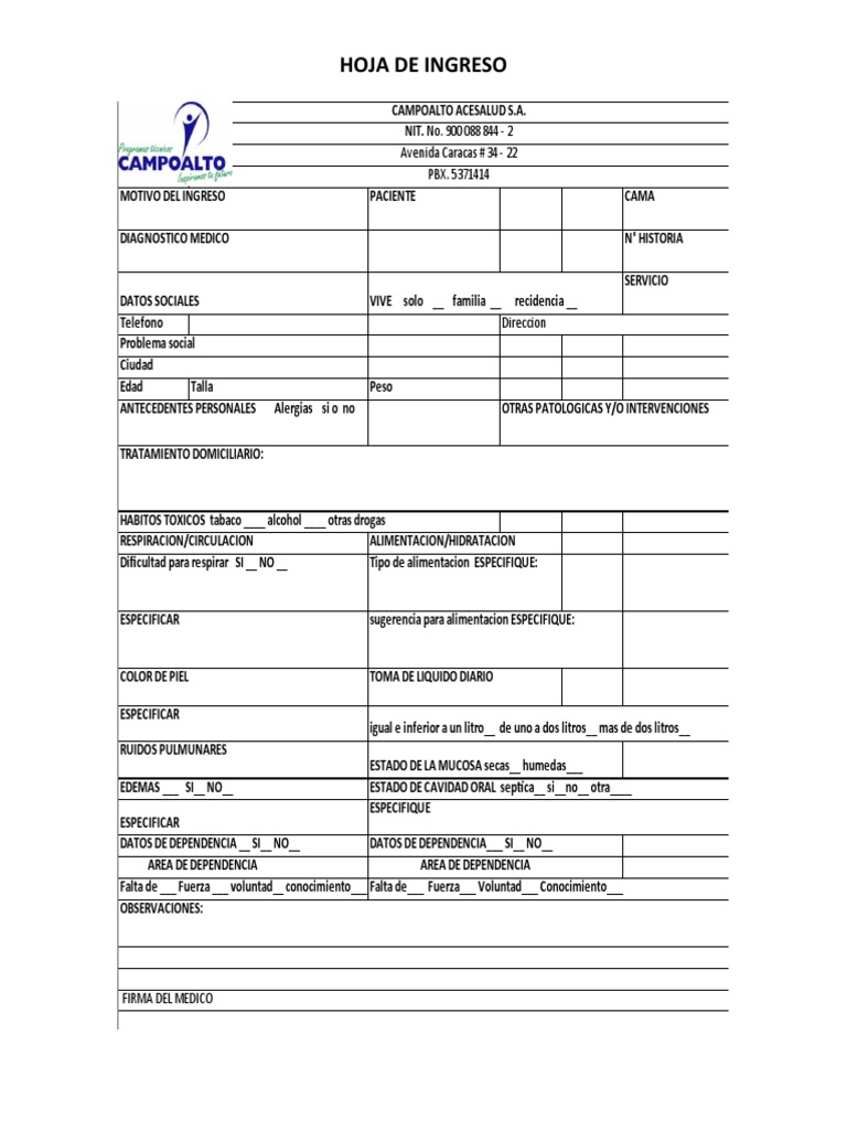 Formato Hoja de Ingreso | PDF