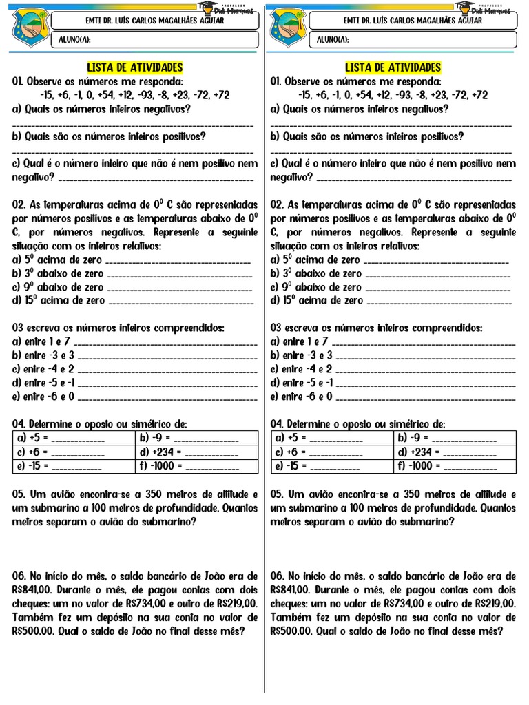 Atividade de Números Inteiros | PDF | Números | Matemática elementar