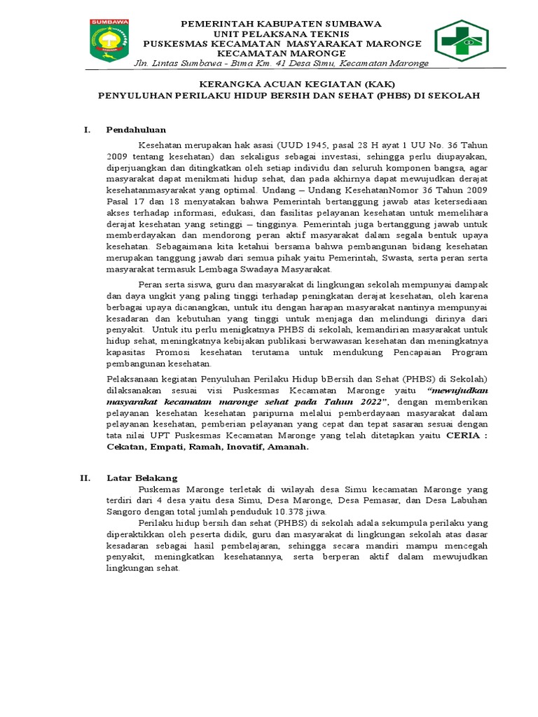 KAK Dan LAPORAN - PROMKES Penyuluhan Phbs Di Sekolah - BOK 2022 | PDF
