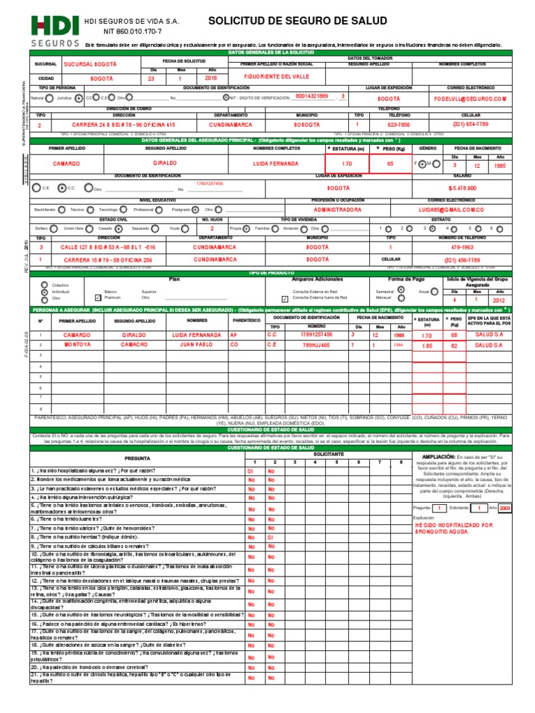 Ejemplo Solicitud de Seguro de Salud | PDF | Seguro | Especialidades Medicas