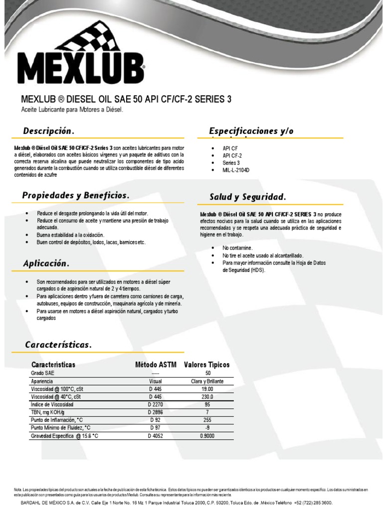FT Mexlub Diesel Oil Sae 50 Api CF CF 2 Series 3 | PDF | Petróleo ...