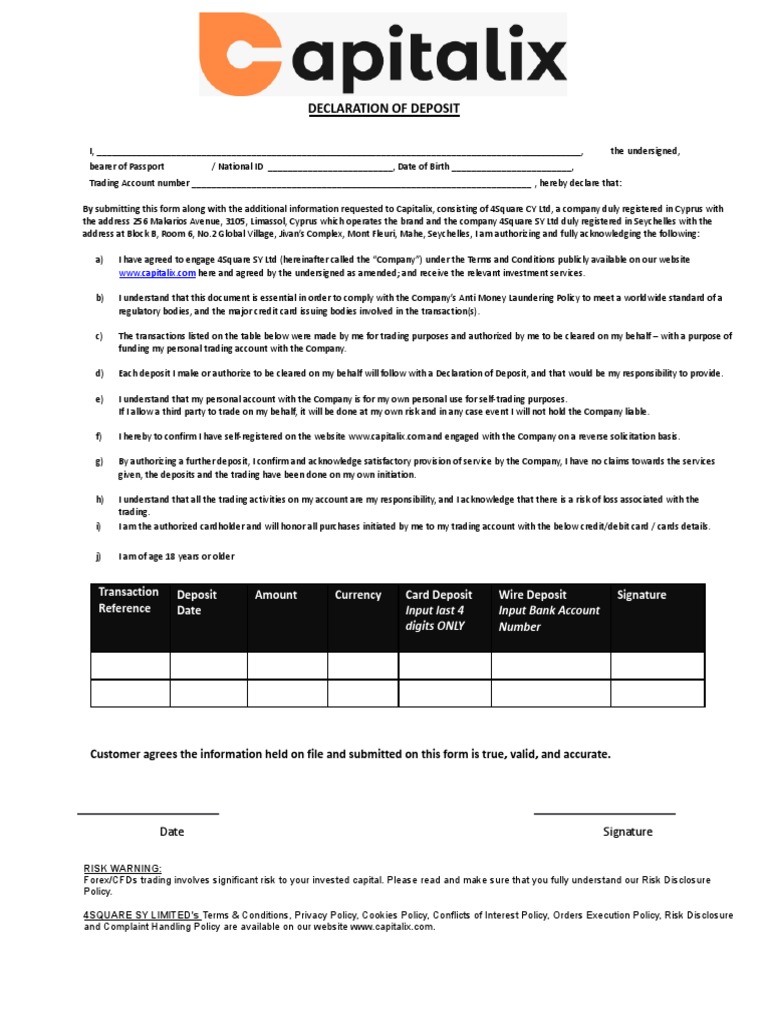 Declaration of Deposit for Capitalix Users | PDF | Credit Card ...