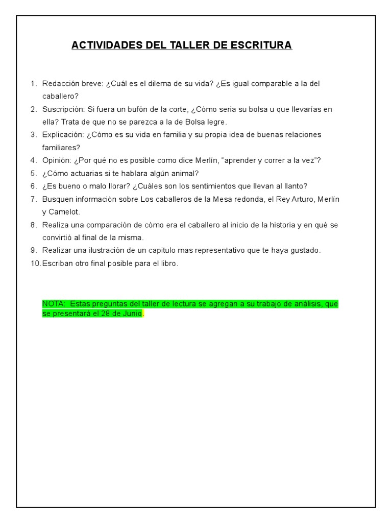 Actividades Del Taller de Escritura | PDF