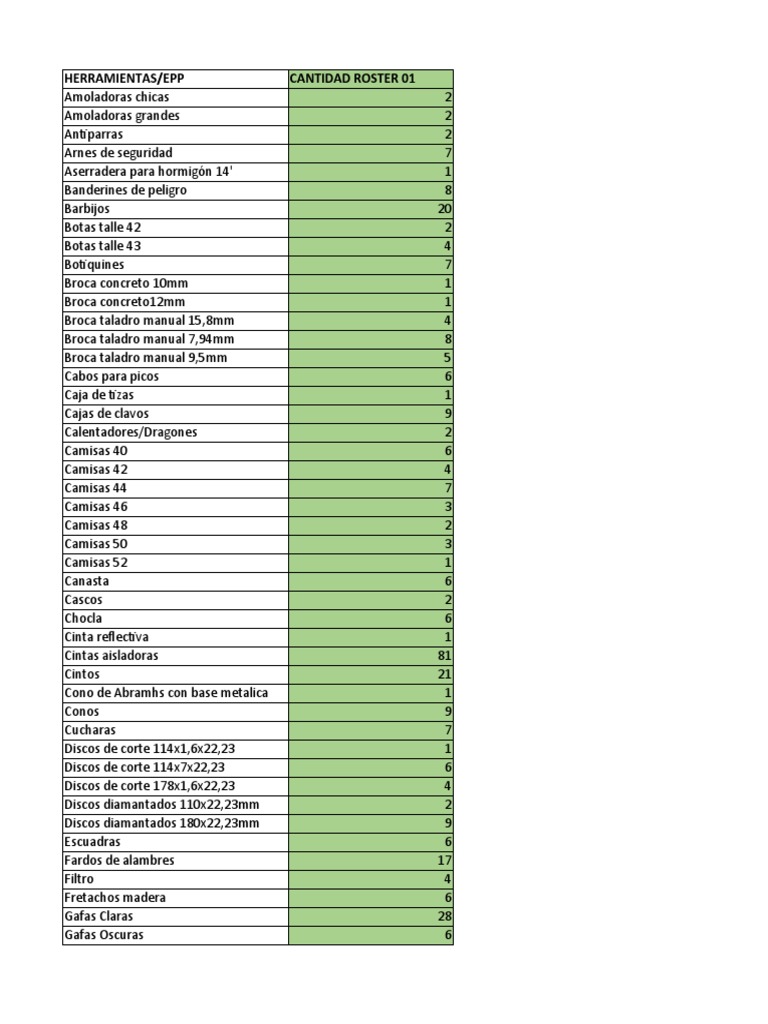 Control de Stock - Roster 01 | PDF | Carpintería | Equipo