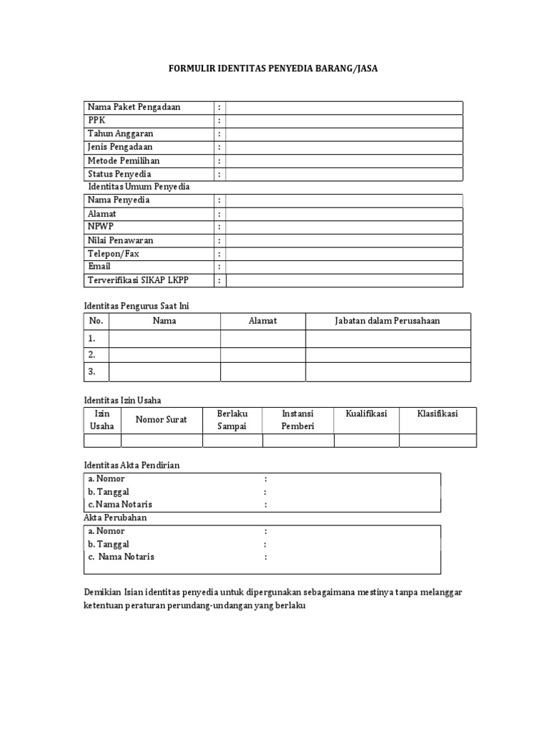 Contoh Format Formulir Penyusunan Penyedia | PDF