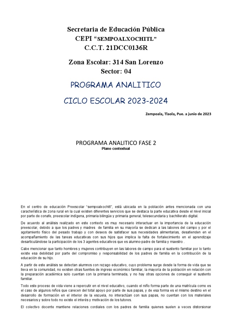Programa Analítico Preescolar Fase 2 | PDF | Educación de la primera infancia | Pensamiento