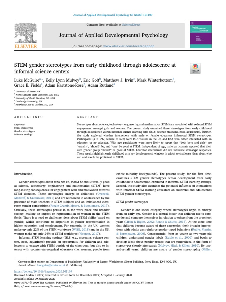 STEM Gender Stereotypes From Early Childhood Through Adolescence at ...