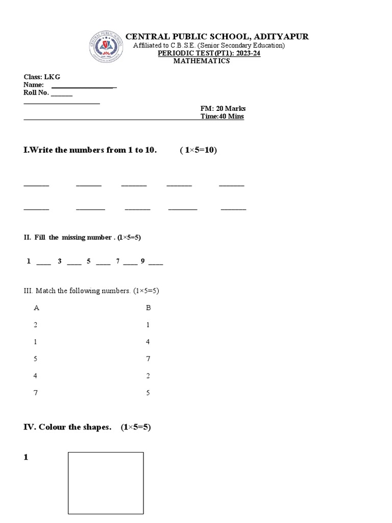 LKG Maths Periodic Test Paper 2023-24 | PDF