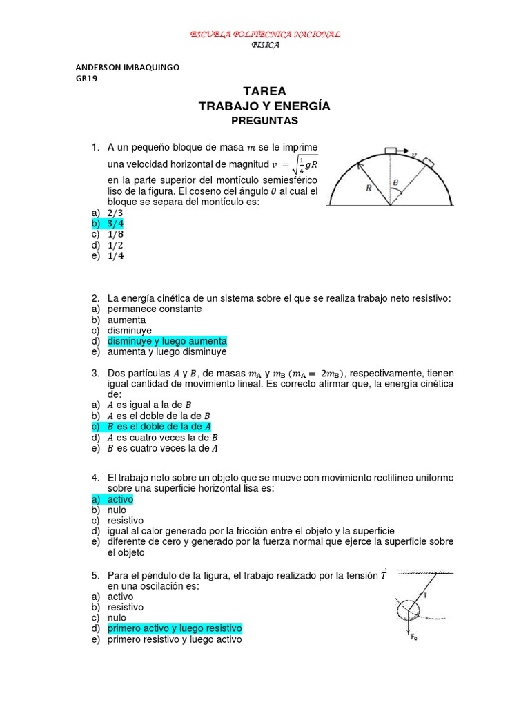 TAREA TRABAJO Y ENERGÍA Imbaquingo | PDF | Fuerza | Fricción