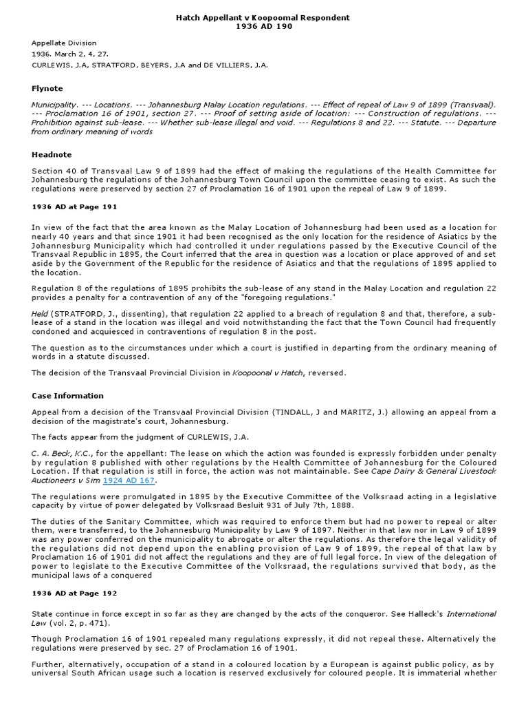 Hatch Appellant V Koopoomal Respondent 1936 AD 190 | PDF | Lease | Repeal