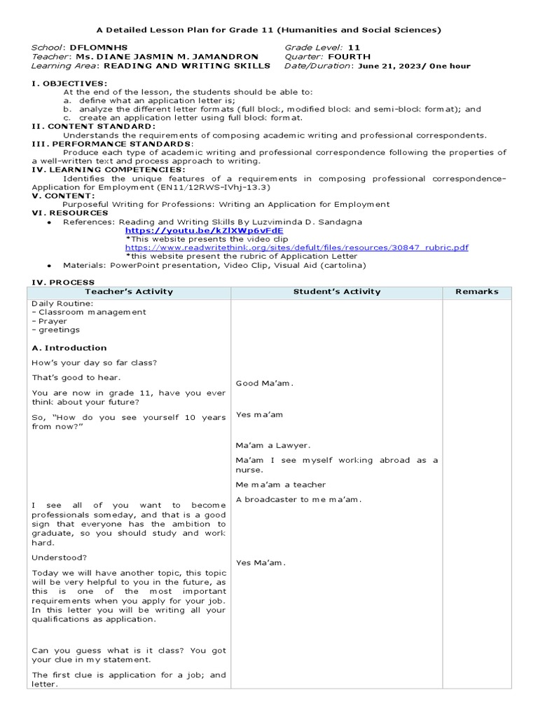 Detailed Lesson Pla On Writing An Application Letter | PDF | Teachers ...