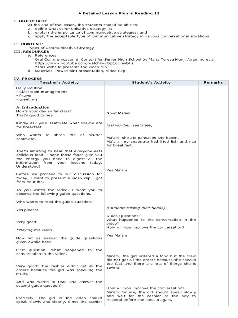 Detailed Lesson Plan on Types of Communicative Strategies | PDF ...