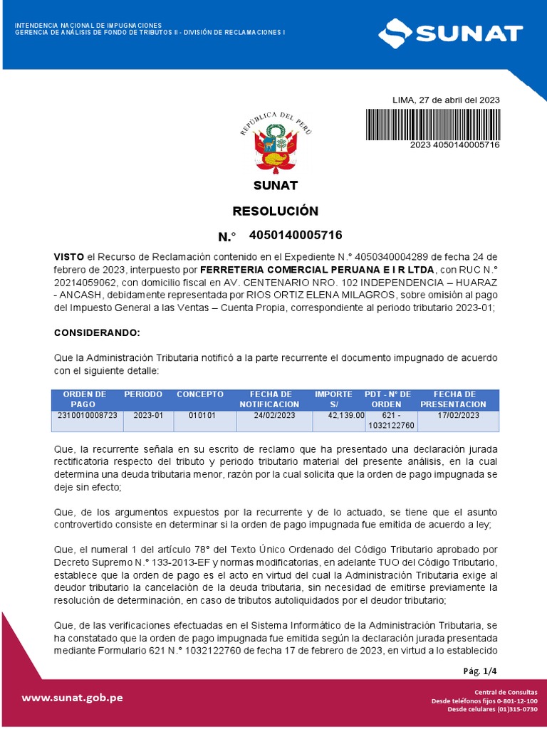 Sunat Resolución N.°: VISTO El Recurso de Reclamación Contenido en El Expediente N ...