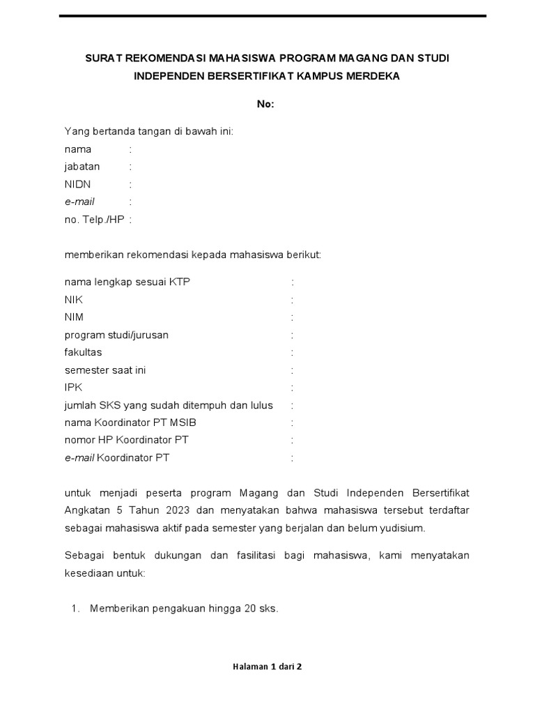 (Format) Surat Rekomendasi PT Untuk Mahasiswa Program MSIB Angkatan 5 | PDF