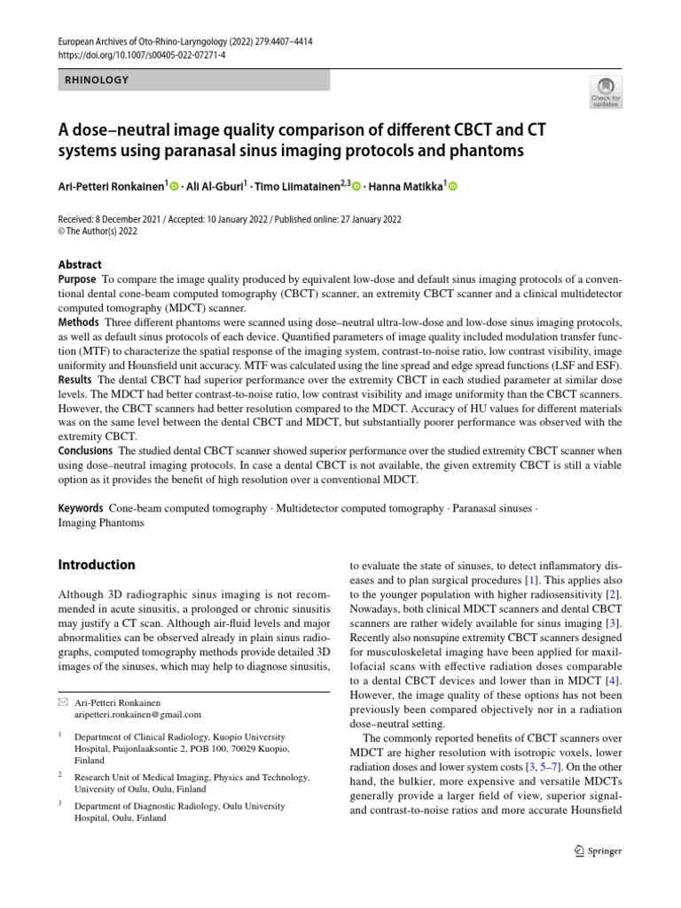 A Dose Neutral Image Quality Comparison Of Different Cbct And Ct Systems Using Paranasal Sinus