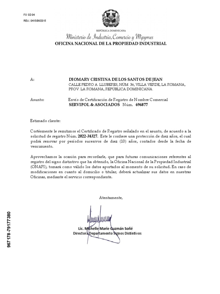Certificacion de Onapi Servipol & Asociados | PDF