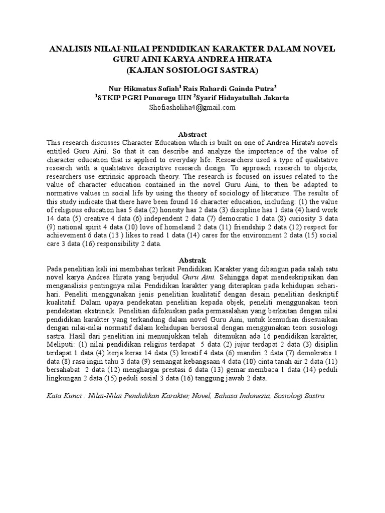 Analisis Nilai-Nilai Pendidikan Karakter Dalam Novel Guru Aini Karya ...