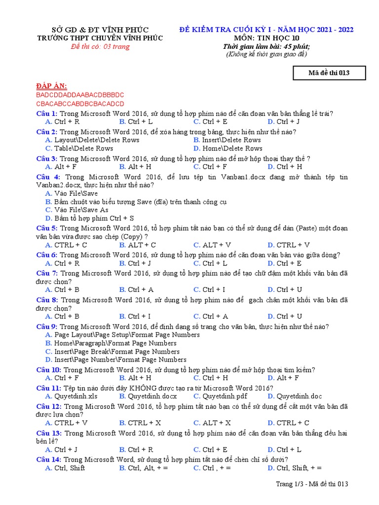 40 Cau TN - Kiem Tra Cuoi Ki 1 - TIN 10 - Lop - A13k25 - 013 | PDF