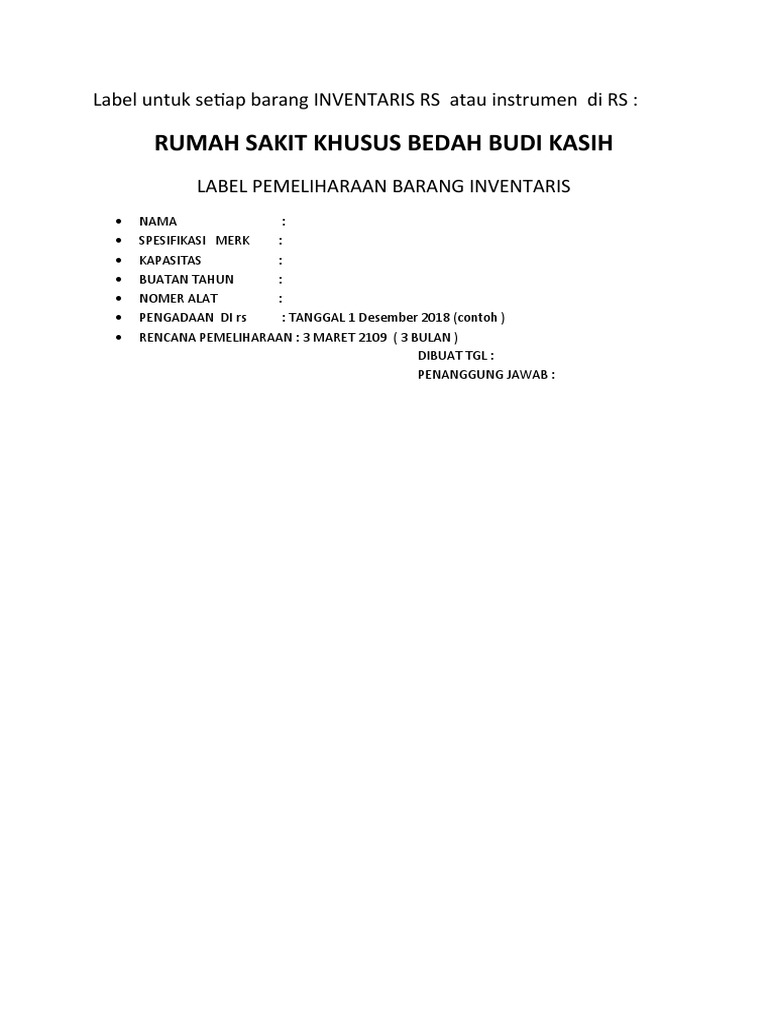 Label Untuk Setiap Barang INVENTARIS RS Atau Instrumen Di RS | PDF