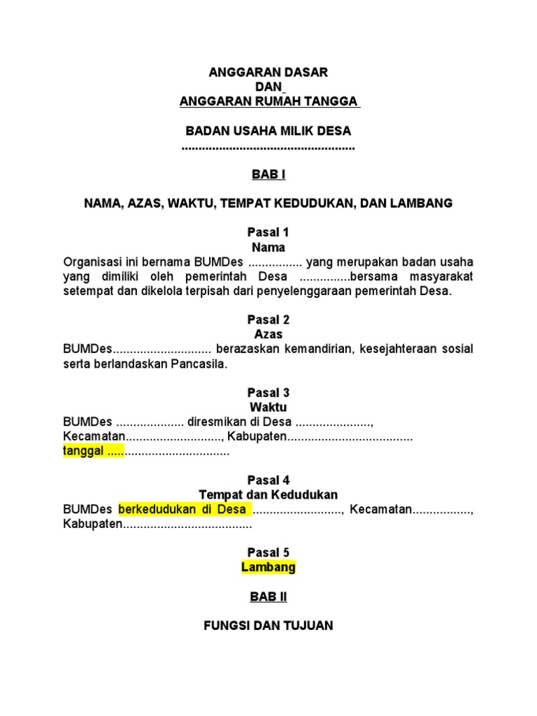 Contoh Ad-Art Bumdes | PDF