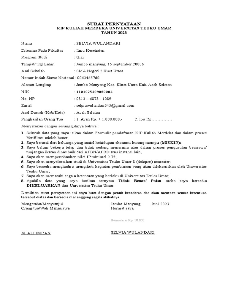 Surat Pernyataan KIP-K | PDF