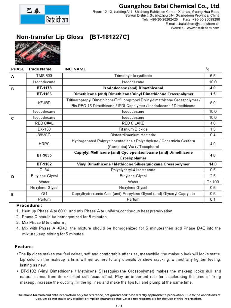 BT-181227C Non-Transfer Lip Gloss | PDF | Chemical Substances | Organic ...