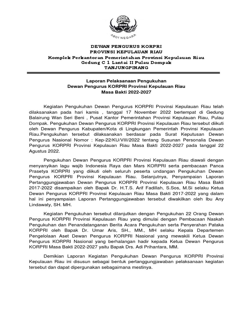 Laporan Pelantikan Dewan Pengurus Korpri 20222-2027 | PDF