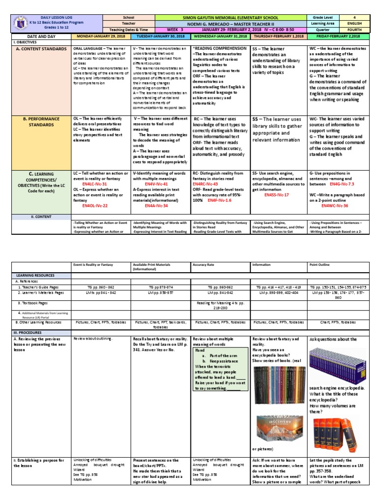 Grade 4 English Lesson Plan Overview | PDF | Learning | Reading ...