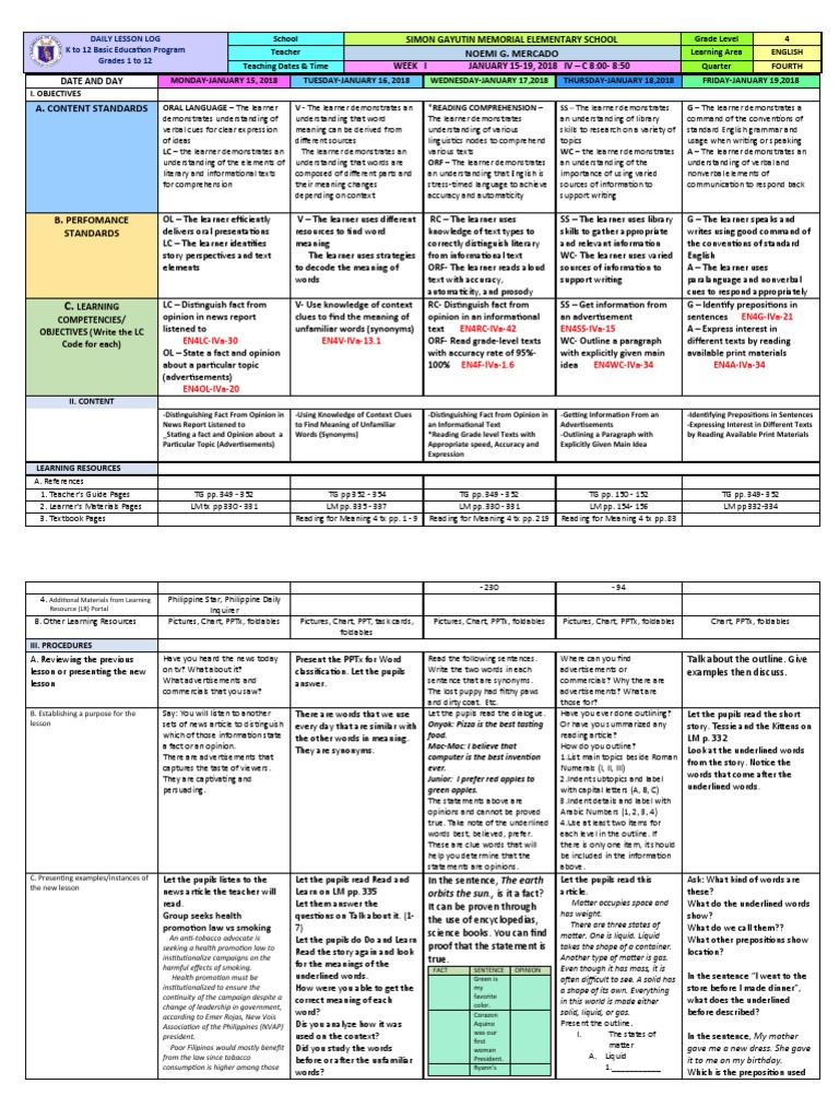 DLL in English 4 Week 1 Quarter 4 The K To 12 Way | PDF | Learning | English Language