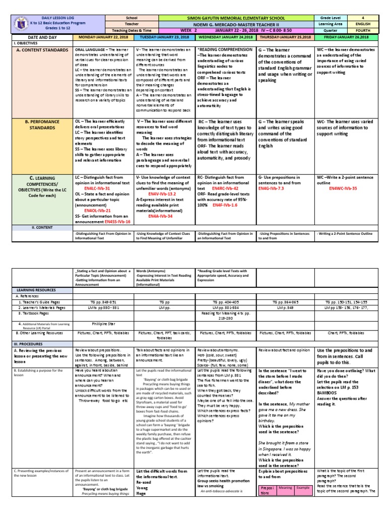 DLL in English 4 Week 2 Quarter 4 The K To 12 Way | PDF | Learning ...