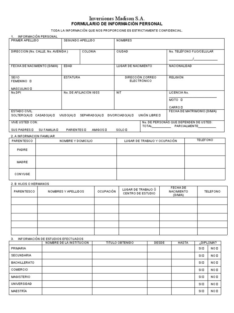 Formulario de Información Personal Inversiones Madison | PDF ...