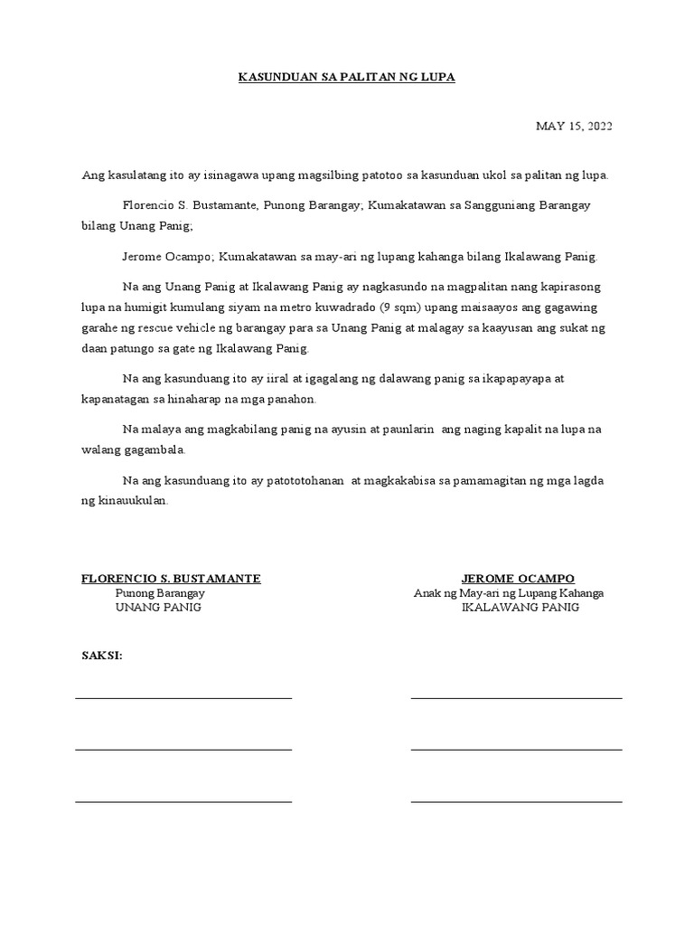Kasunduan Sa Palitan Ng Lupa | PDF