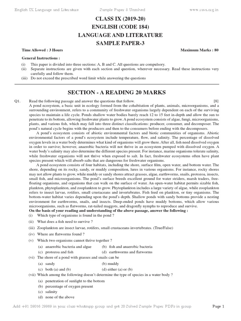 English Worksheet For Class 10 | PDF | Plankton | Aquatic Ecosystem