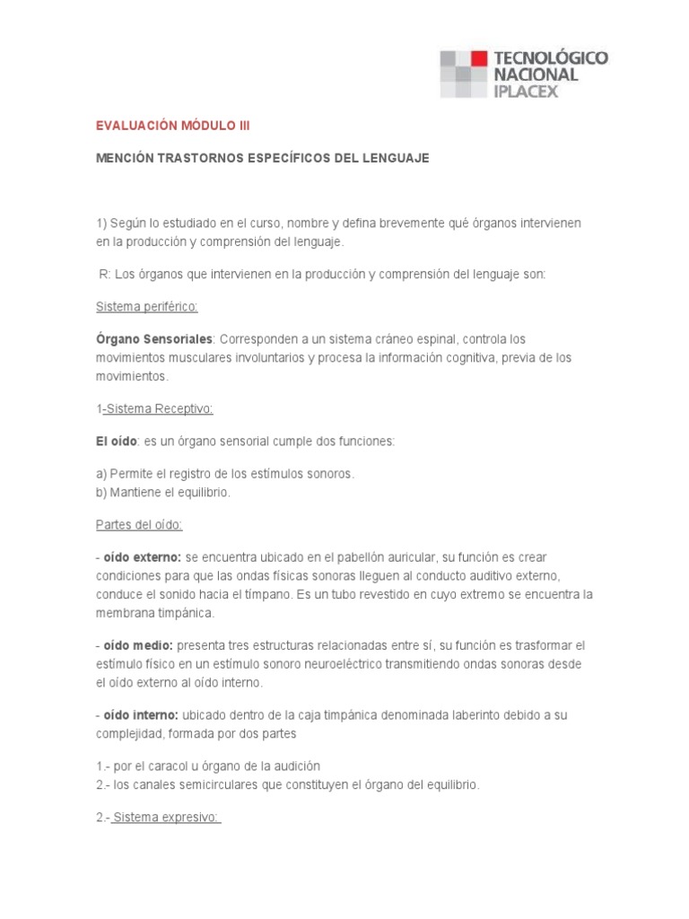 Evaluacion Modulo III | PDF | Hemisferio cerebral | Oído Evaluacion Modulo III | PDF | Hemisferio cerebral | Oído