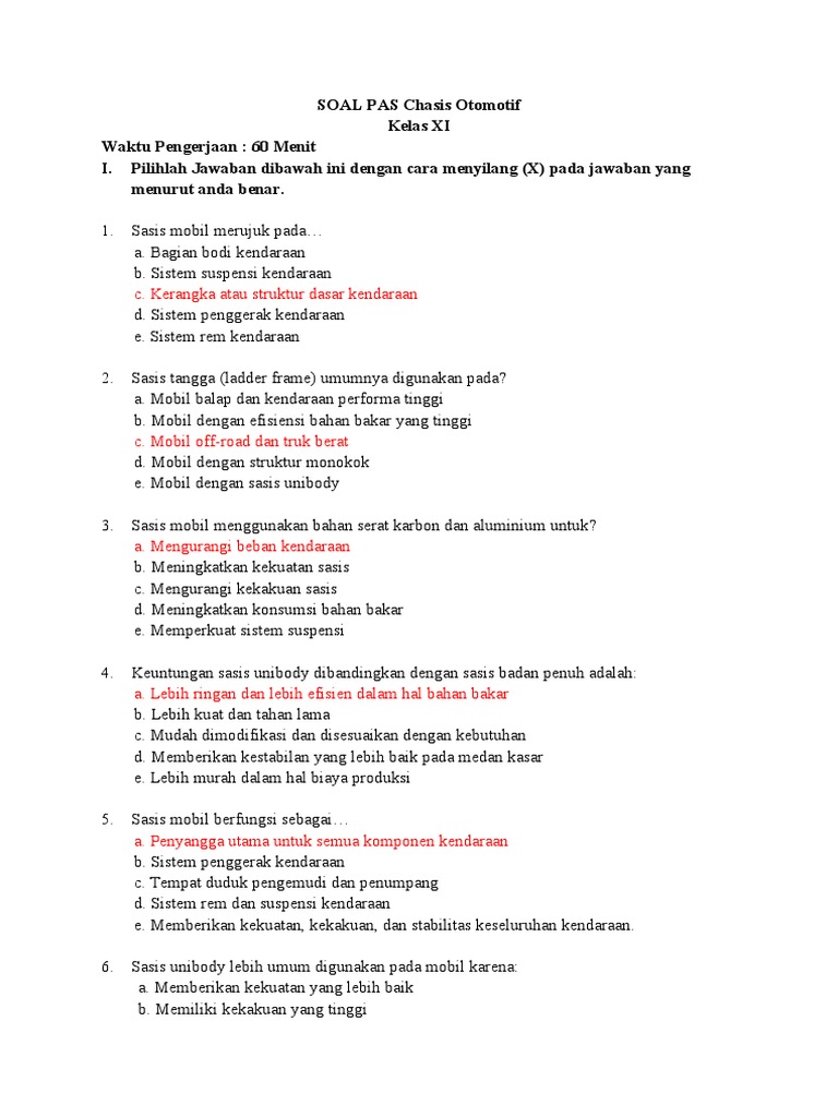 SOAL PAS 11 Chasis Otomotif | PDF