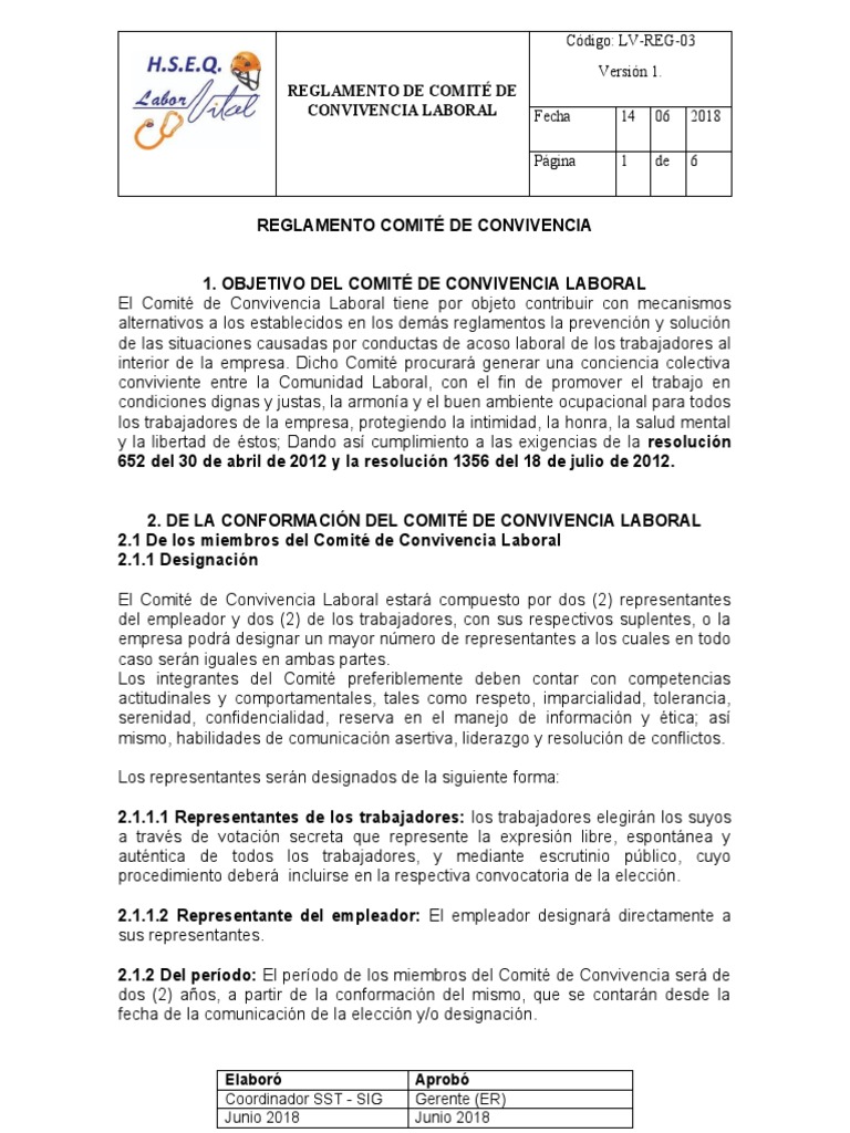 LV-REG-03 Reglamento Comite de Convivencia Laboral | PDF