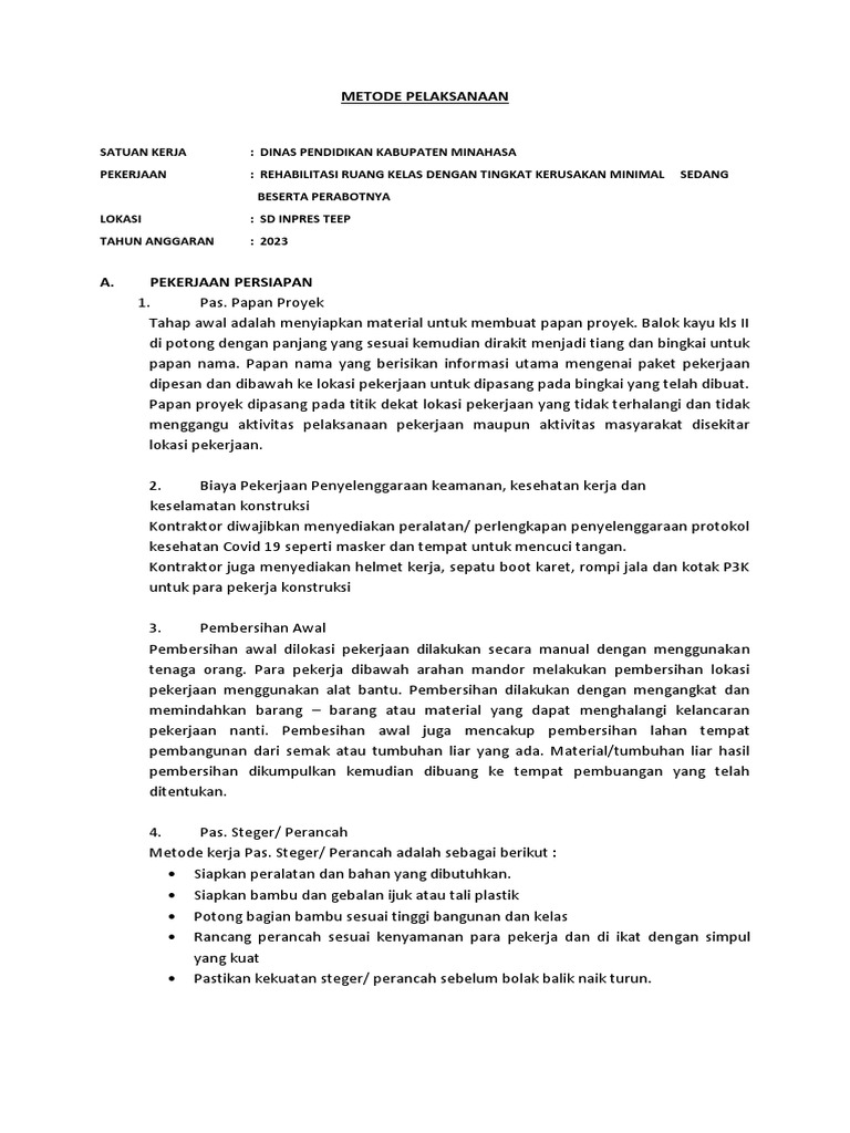 Metode Pekerjaan REHAB SD Inp Teep | PDF