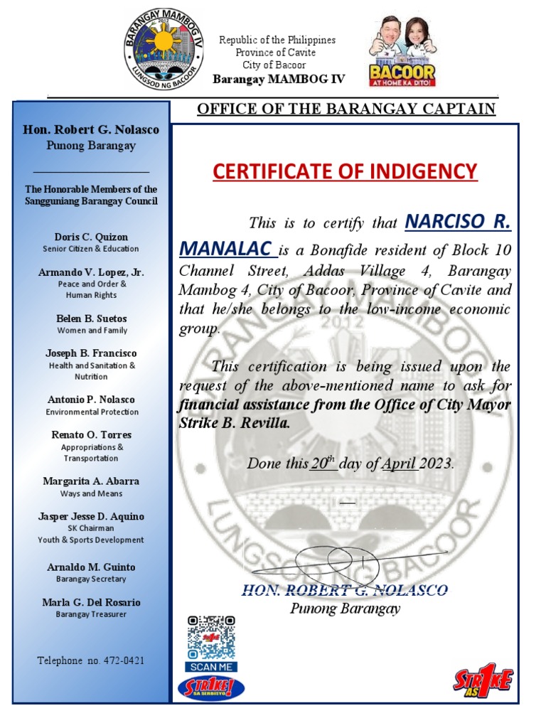 Certificate of Indigency 2023 | PDF