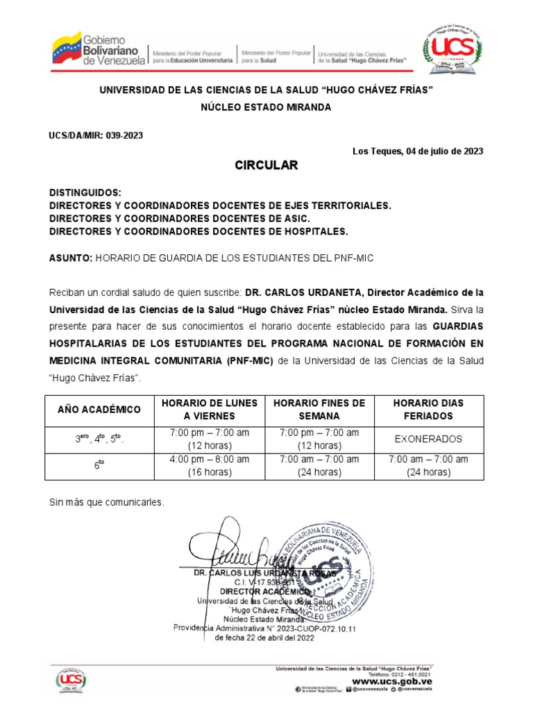 Oficio 039-2023 Circular Guardia Estudiantil | PDF