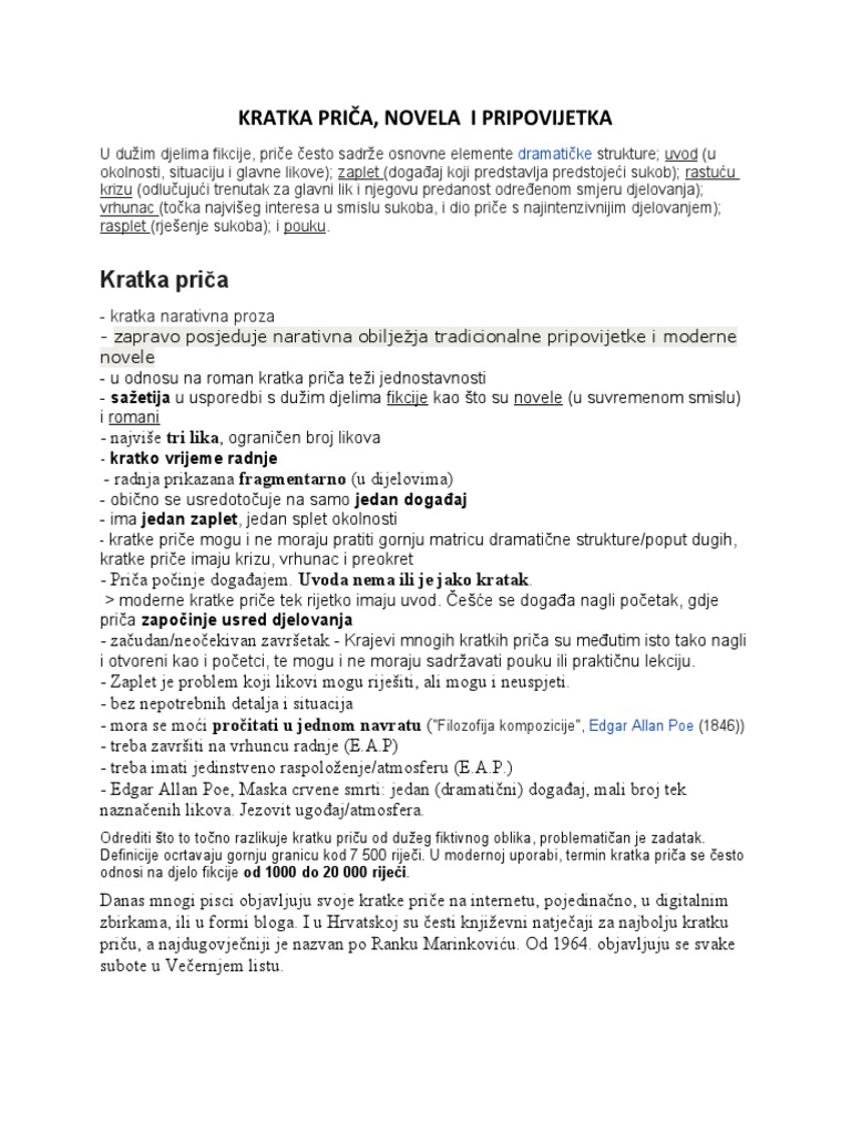 Kratka Priča, Novela I Pripovijetka | PDF