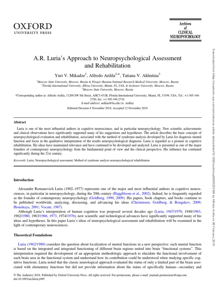 A.R. Luria 'S Approach To Neuropsychological Assessment and ...