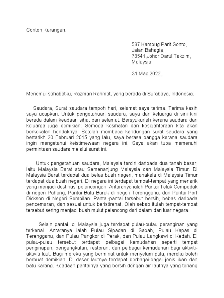 Contoh Karangan Surat Kirimantidak Resmi Resmi Keistimewaan Malaysia ...