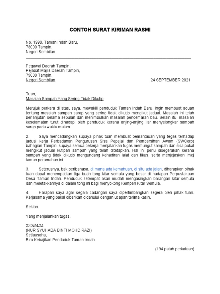 Contoh Karangan SURAT KIRIMAN RASMI | PDF