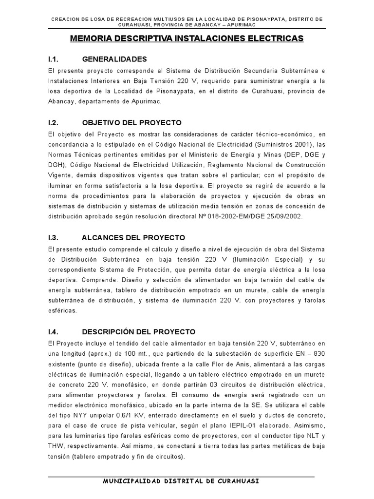 Memoria Descriptiva Electricas | PDF | Electricidad | Ingenieria Eléctrica