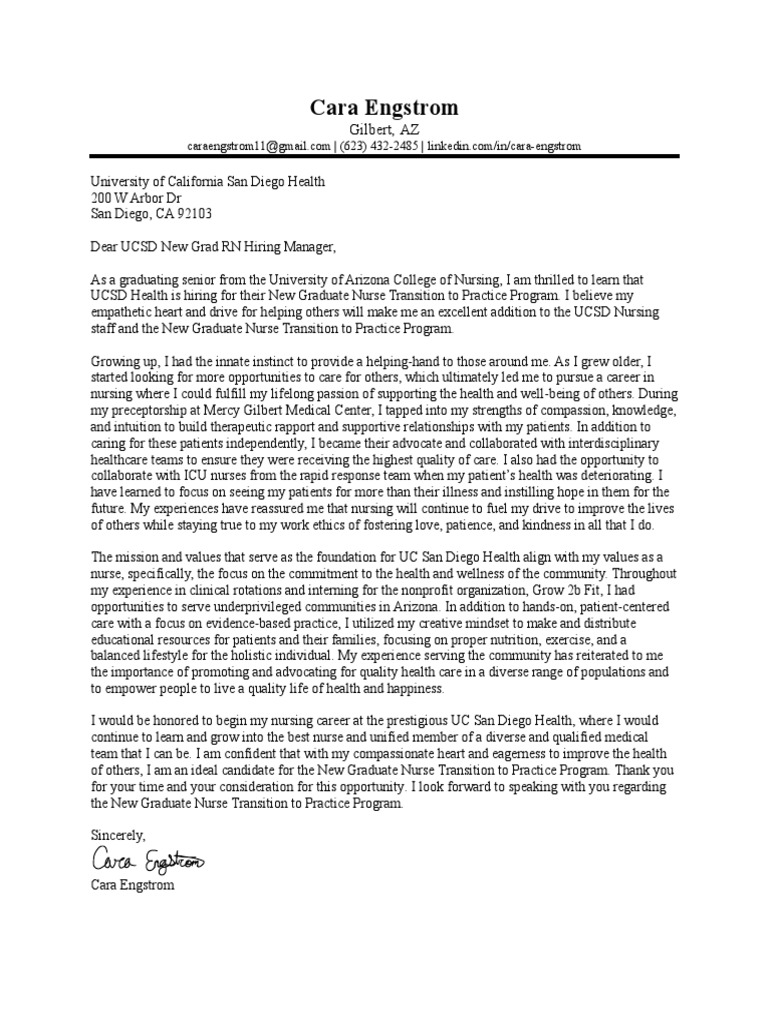Engstrom Cara Cover Letter Ucsd | PDF | Nursing | Patient