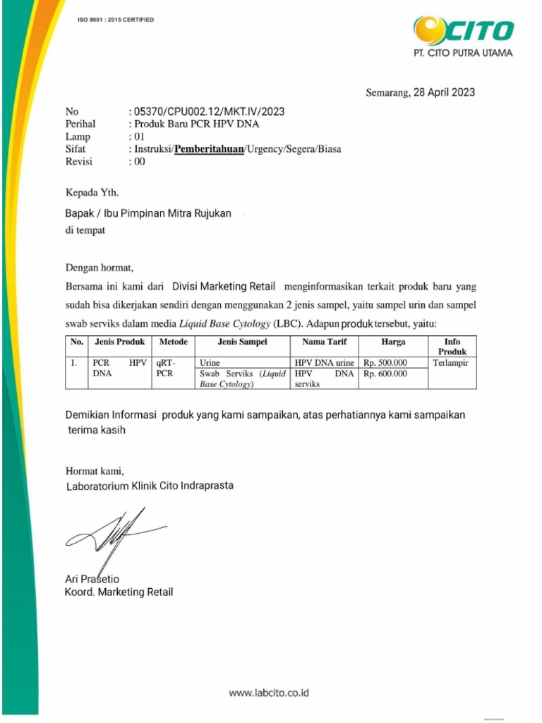 Surat Pemberitahuan Produk HPV DNA | PDF